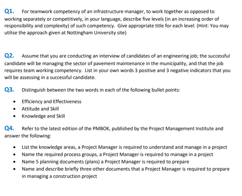 Solved Q1. For teamwork competency of an infrastructure | Chegg.com