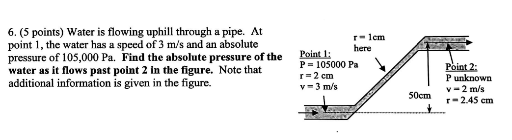 Solved 6. (5 points) Water is flowing uphill through a pipe. | Chegg.com