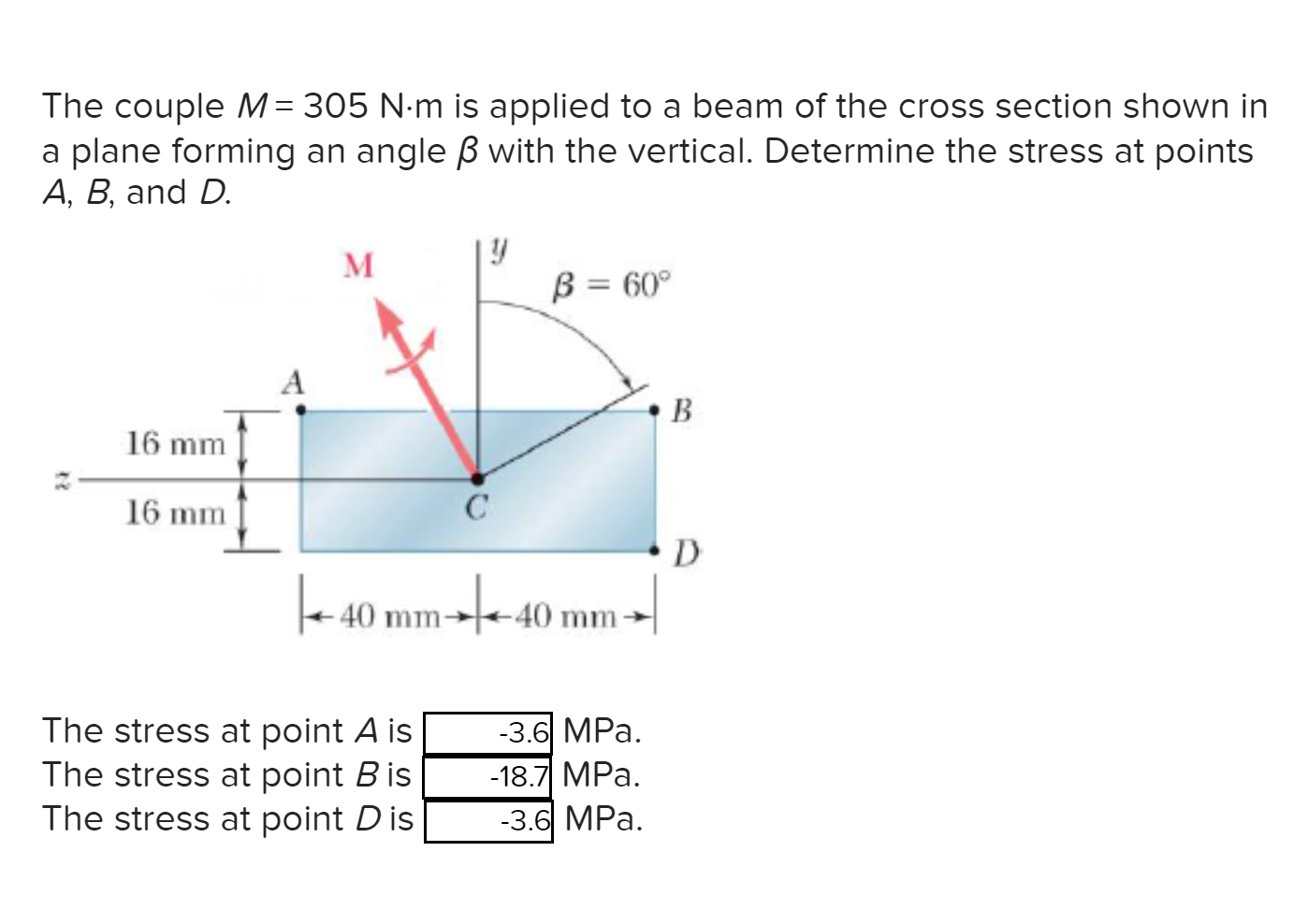 Solved The couple M= 305 N·m is applied to a beam of the | Chegg.com