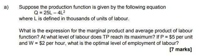 Solved Suppose the production function is given by the | Chegg.com