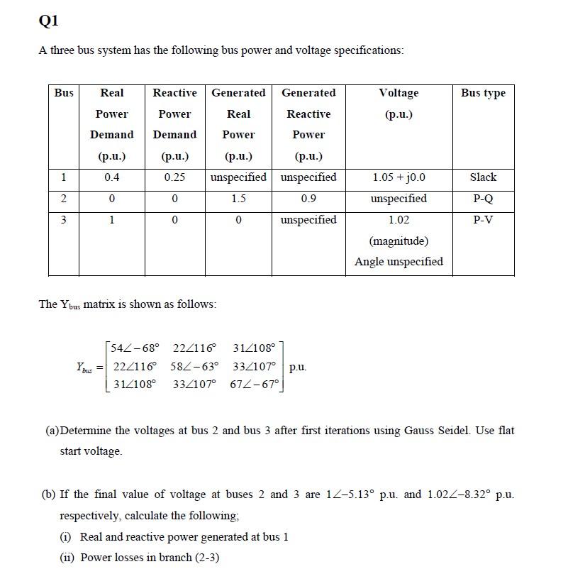 Solved Q1 A three bus system has the following bus power and | Chegg.com