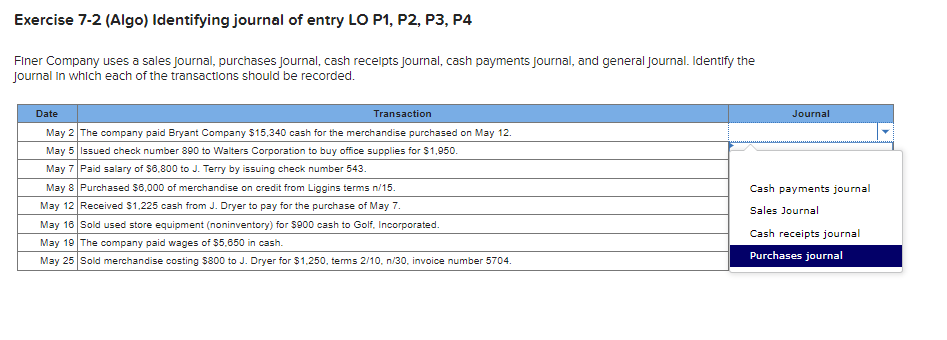 Solved Exercise 7-2 (Algo) Identifying journal of entry LO | Chegg.com