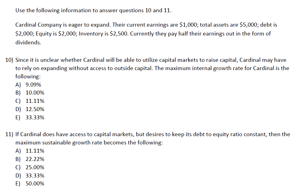 Solved Use the following information to answer questions 10 | Chegg.com