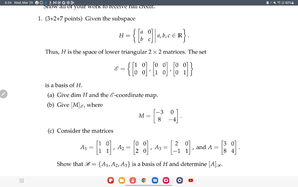 Solved 1. (3+2+7 points) Given the subspace | Chegg.com