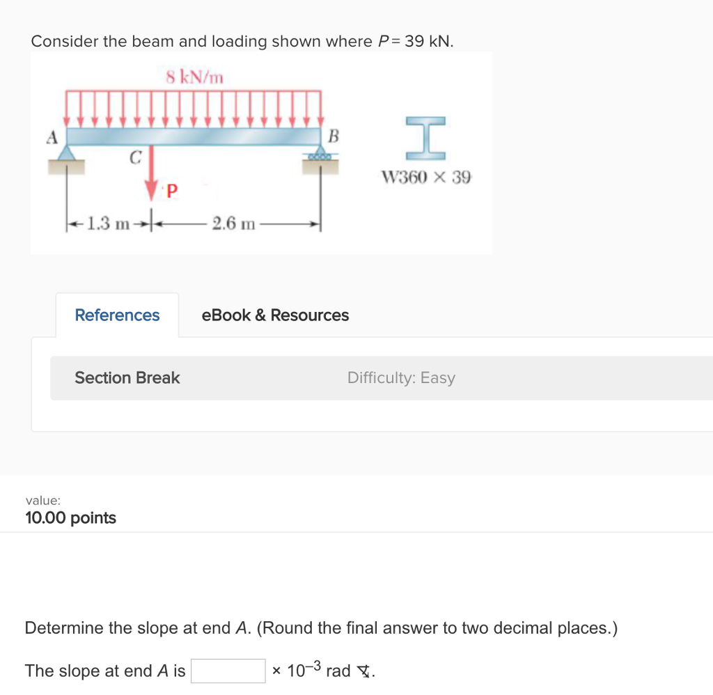 Solved Consider the beam and loading shown where P 39 kN. s | Chegg.com