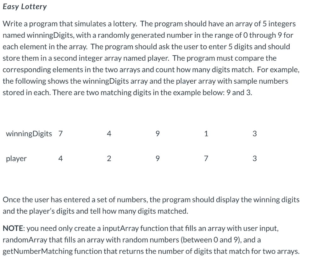 Solved Easy Lottery Write a program that simulates a | Chegg.com