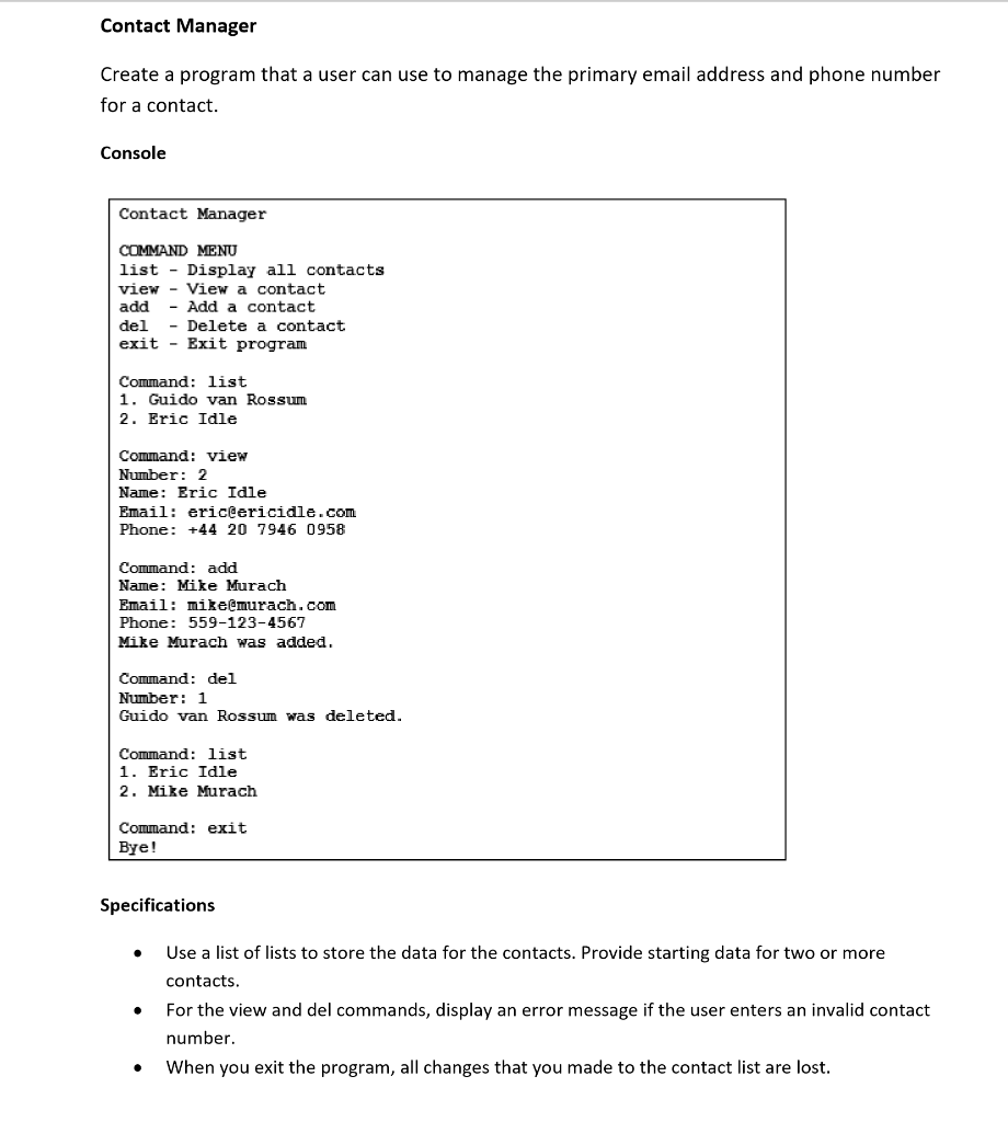 Solved Contact Manager Create a program that a user can use | Chegg.com