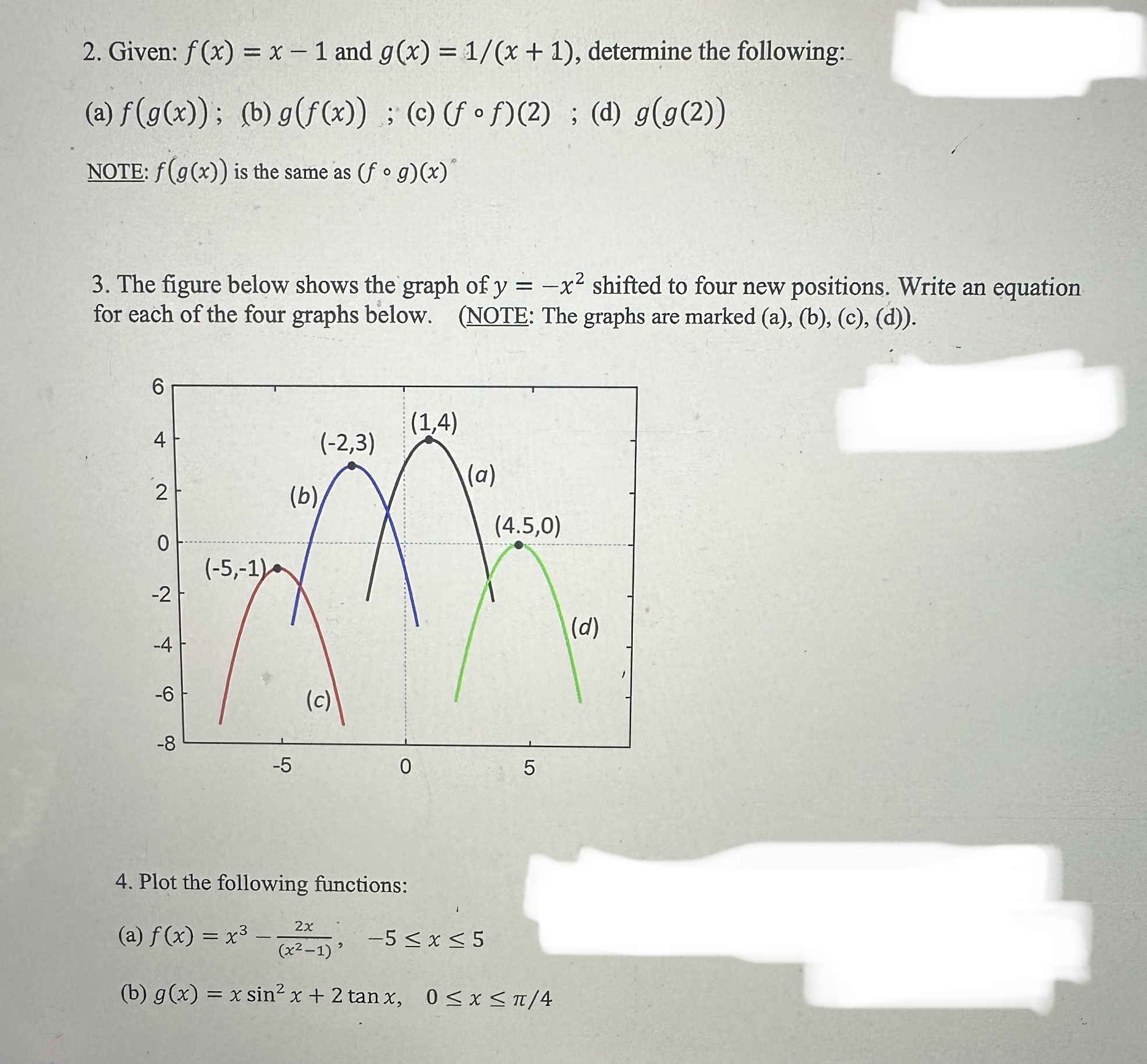 Solved 2. Given: f(x)=x−1 and g(x)=1/(x+1), determine the | Chegg.com