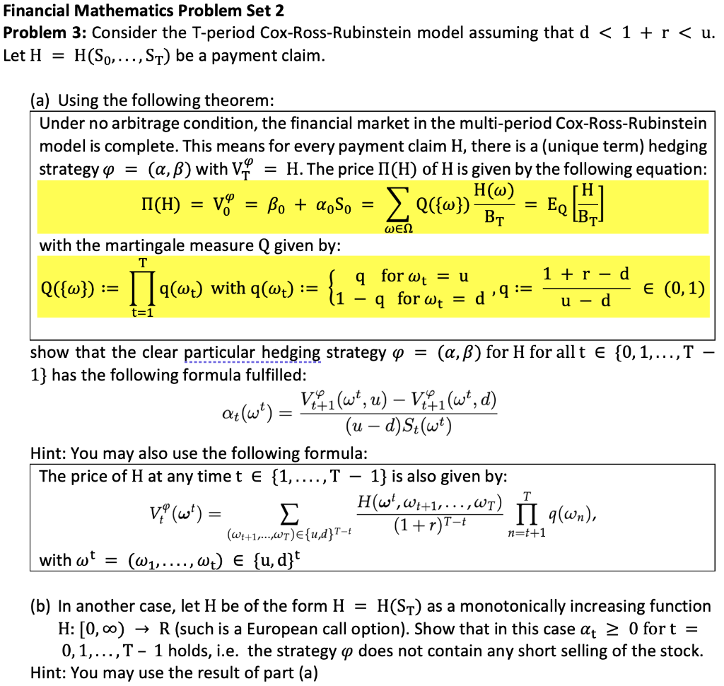 Financial Mathematics Problem Set 2 Problem 3: | Chegg.com