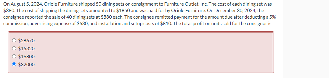 Solved On August 5, 2024, ﻿Oriole Furniture shipped 50 | Chegg.com