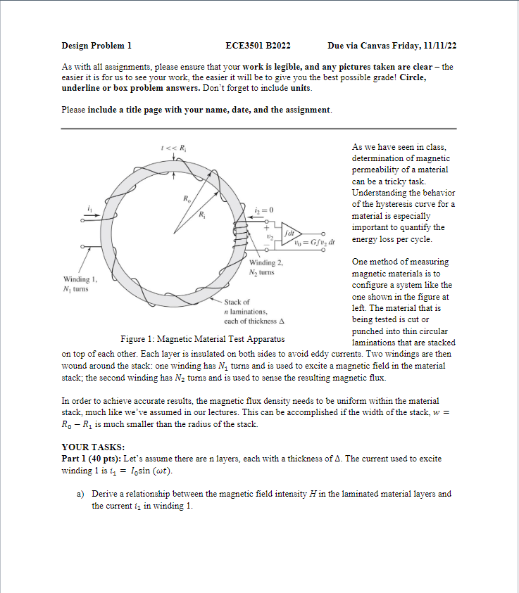 Design Problem 1 ECE3501 B2022 Due via Canvas Friday, | Chegg.com
