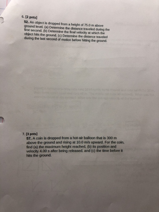 Solved 6. [2 pnts] 52. An object is dropped from a height of | Chegg.com