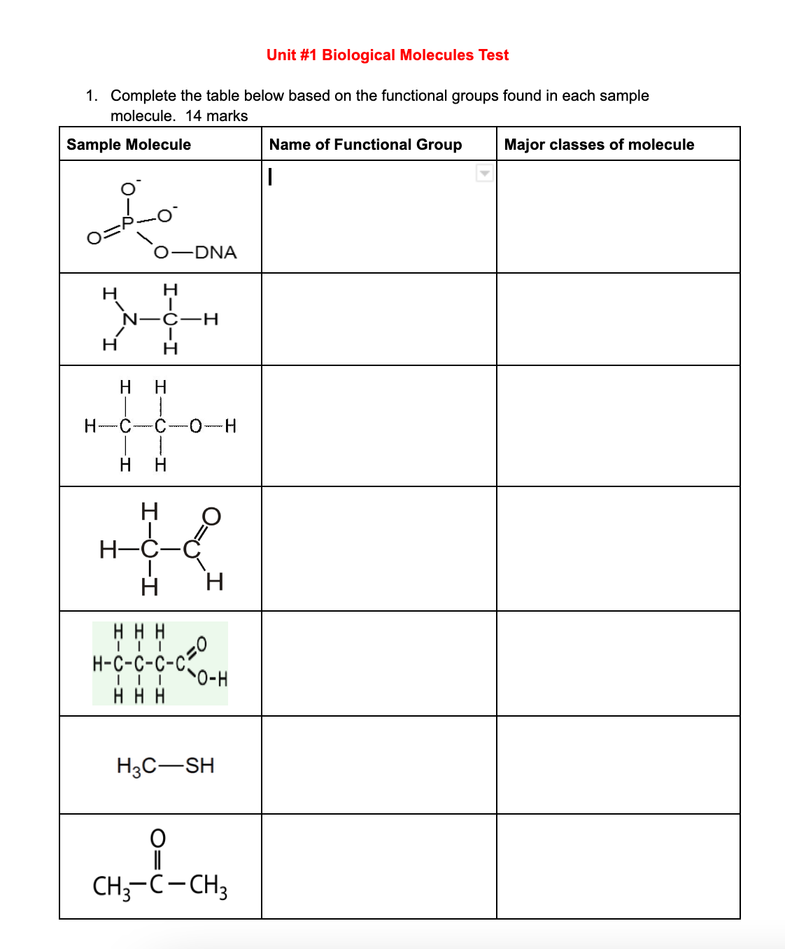 Solved Unit \#1 Biological Molecules Test | Chegg.com