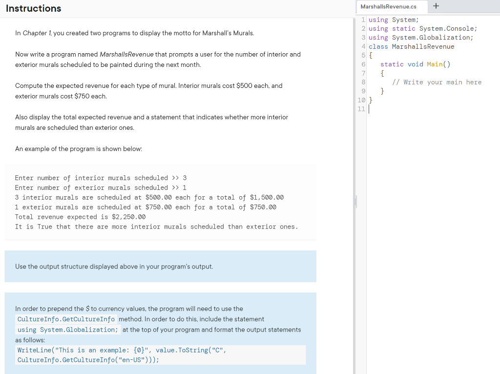 Solved Instructions MarshallsRevenue.cs + In Chapter 1. you | Chegg.com