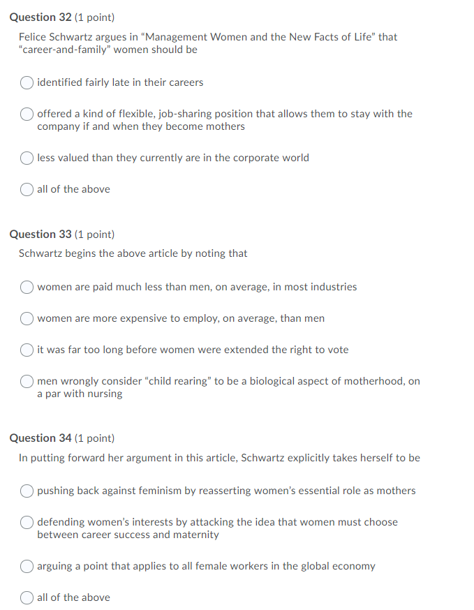 Question 32 (1 point) Felice Schwartz argues in | Chegg.com