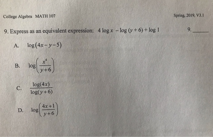 Solved College Algebra MATH 107 Spring, 2019, v3.1 9. | Chegg.com