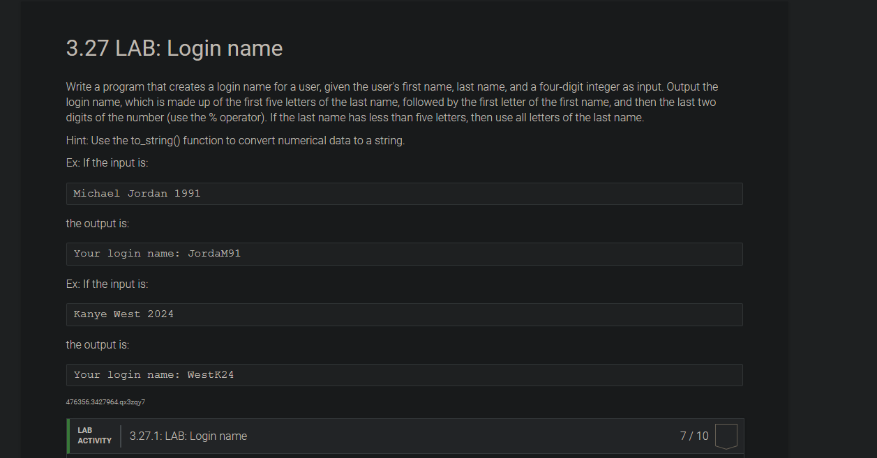 3.27 LAB: Login name Write a program that creates a | Chegg.com