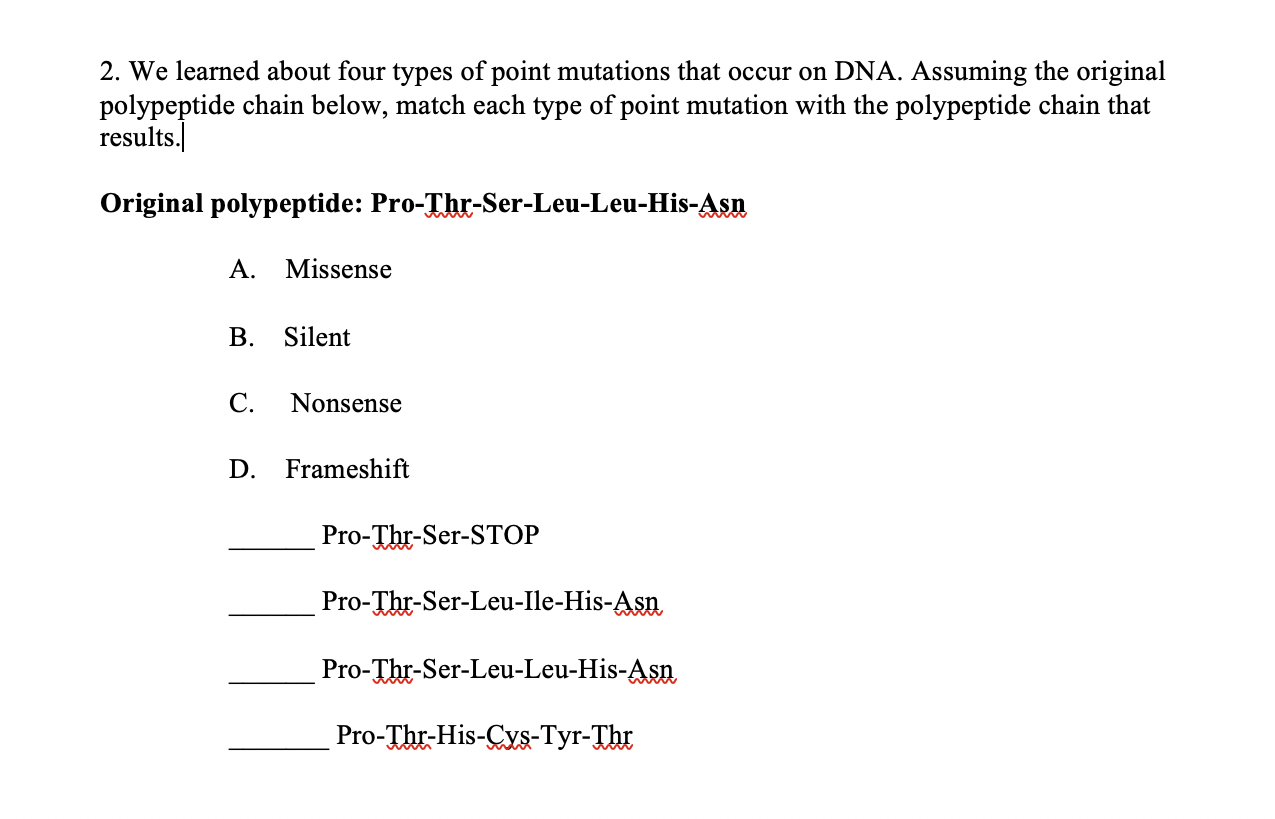 Solved 2. We learned about four types of point mutations | Chegg.com