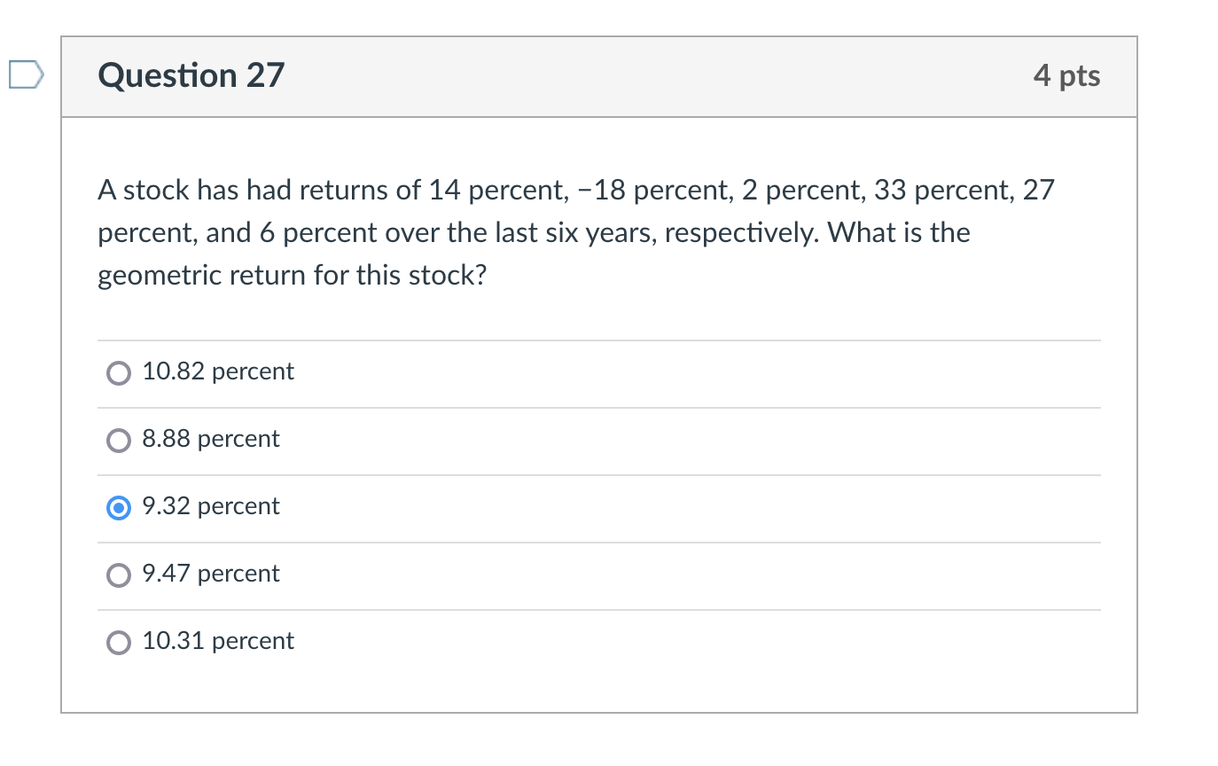 Solved D Question 27 4 pts A stock has had returns of 14 | Chegg.com