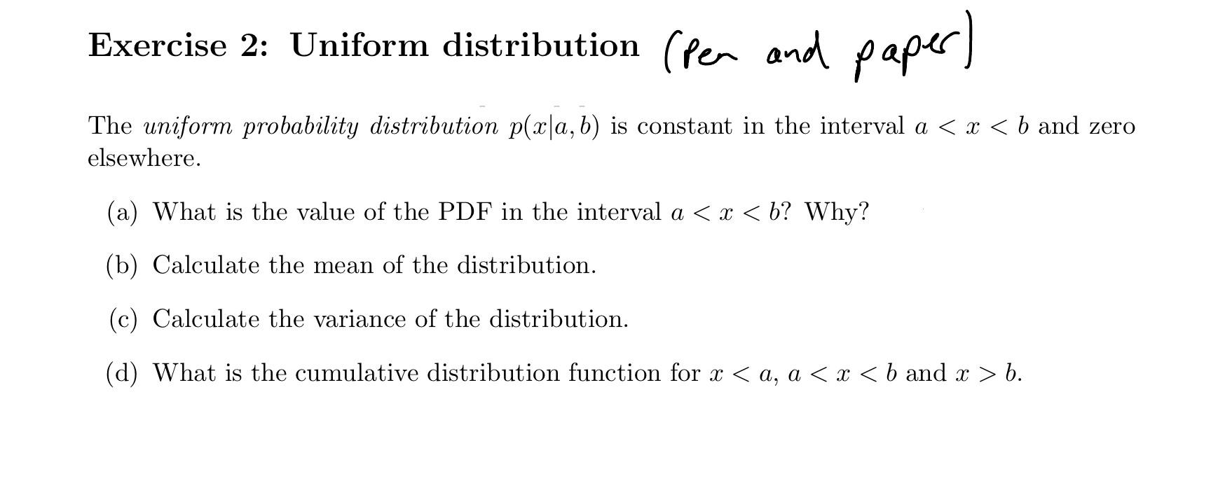 Solved Exercise 2: Uniform distribution (pen and paper) The | Chegg.com
