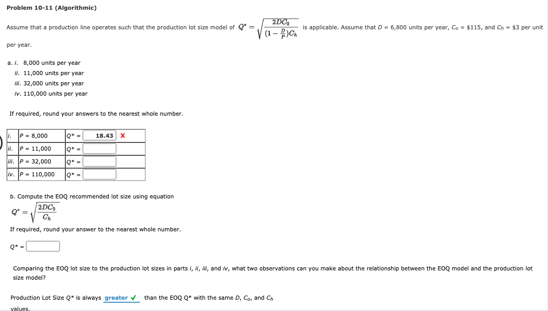 Solved Problem 10-11 (Algorithmic) Assume that a production | Chegg.com