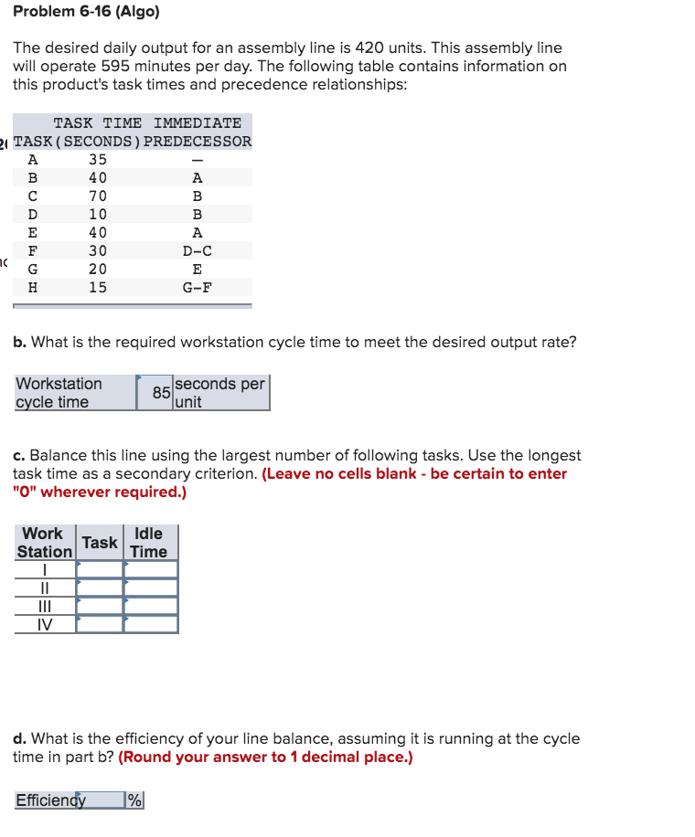 Solved Problem 6-16 (Algo) The desired daily output for an | Chegg.com
