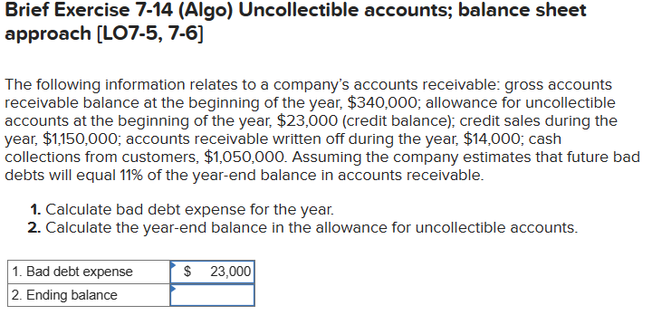 Solved Brief Exercise 7-14 (Algo) Uncollectible accounts; | Chegg.com Solved Brief Exercise 7-14 (Algo) Uncollectible accounts; | Chegg.com