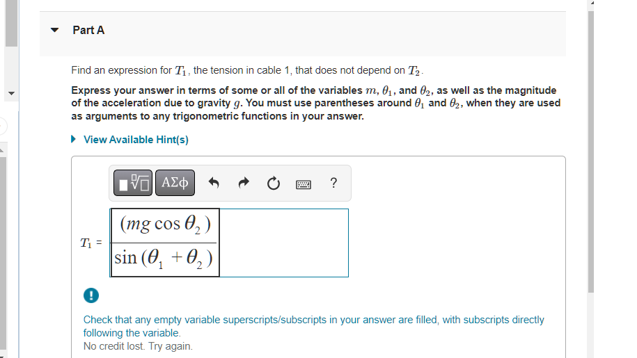 Find an expression for T1, the tension in cable 1 , | Chegg.com