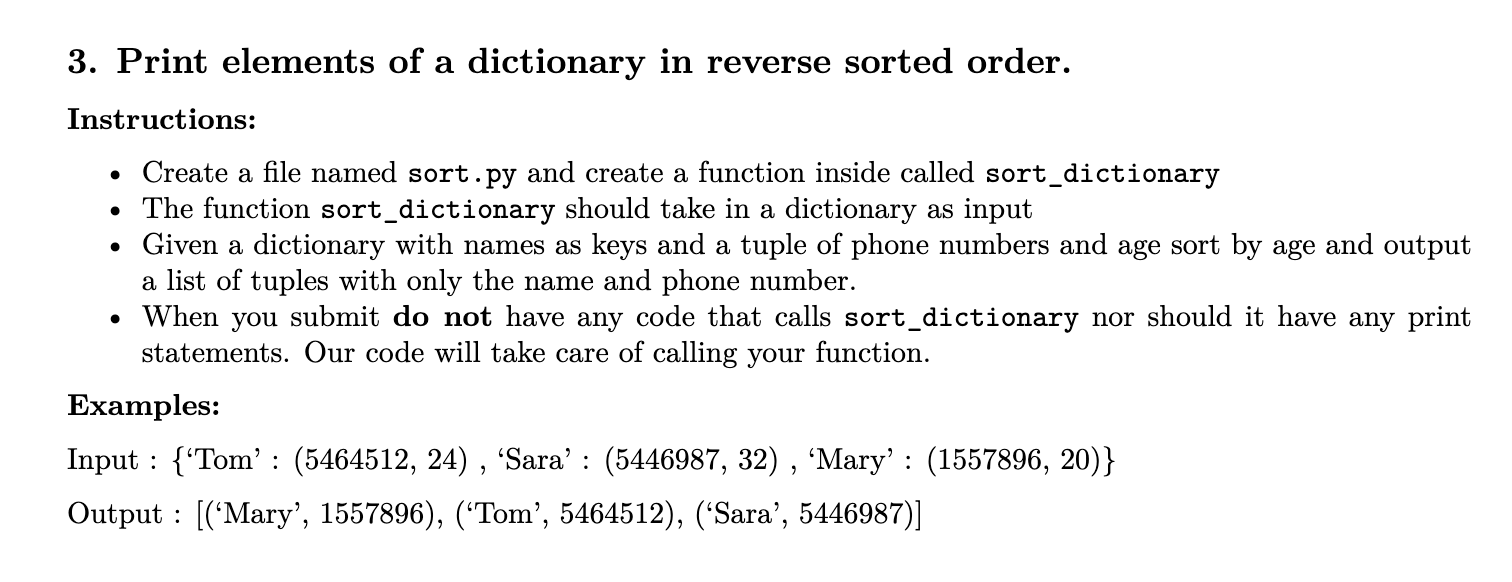 Solved 3. Print elements of a dictionary in reverse sorted | Chegg.com