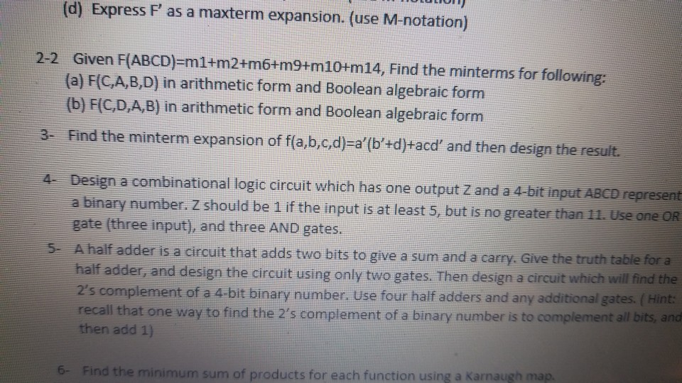 Solved (d) Express F as a maxterm expansion. (use | Chegg.com