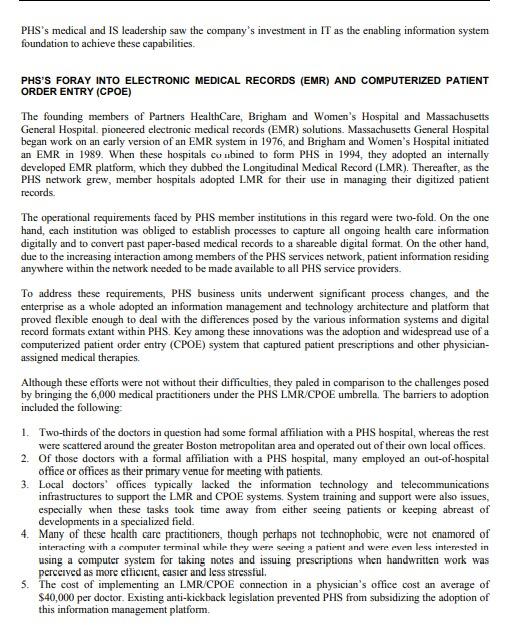 PARTNERS HEALTHCARE SYSTEM (PHS): TRANSFORMING HEALTH | Chegg.com