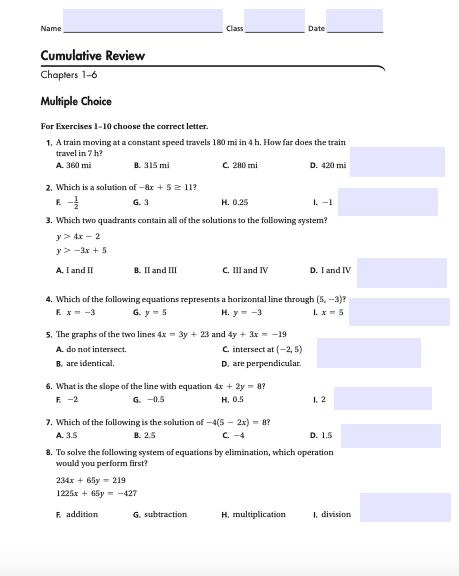 Solved Date Cumulative Review Chapters 1-6 Multiple Choice | Chegg.com
