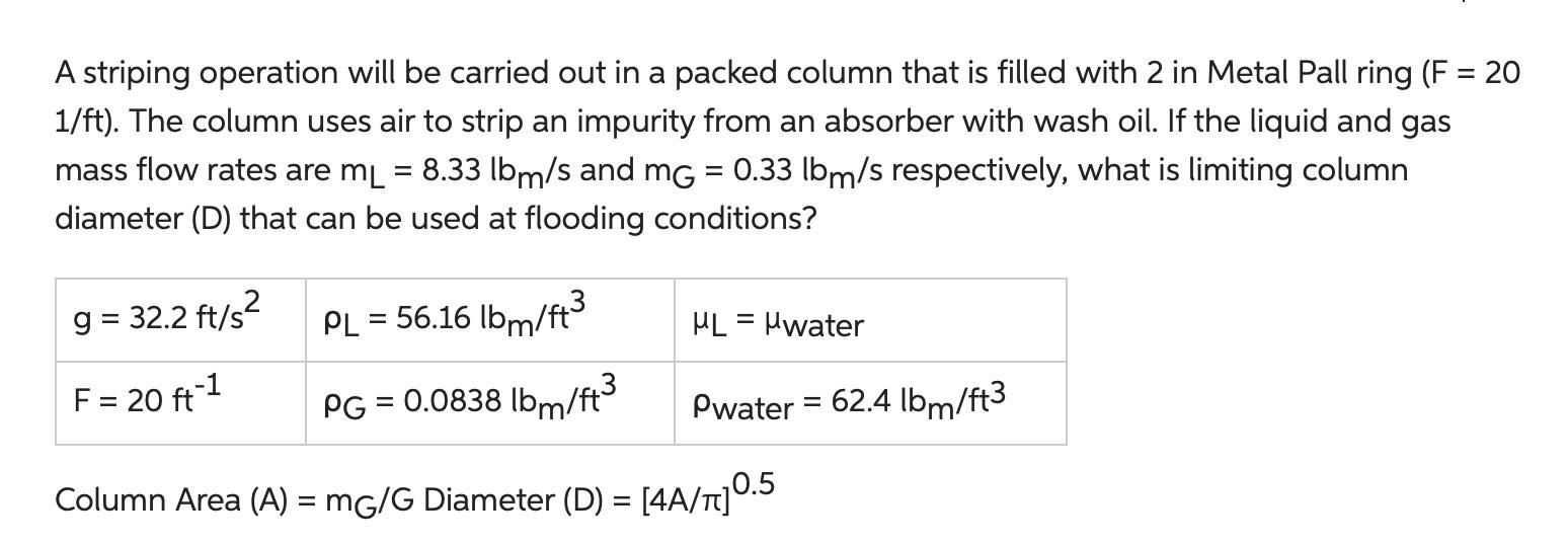Solved A striping operation will be carried out in a packed | Chegg.com