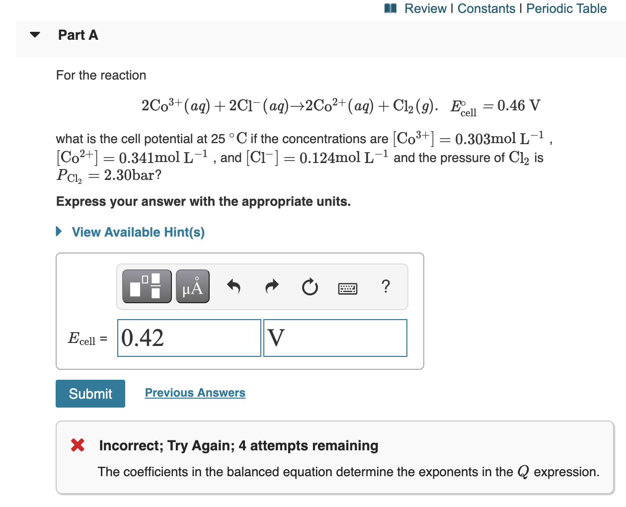 Solved 1 Review | Constants | Periodic Table Part A For the | Chegg.com
