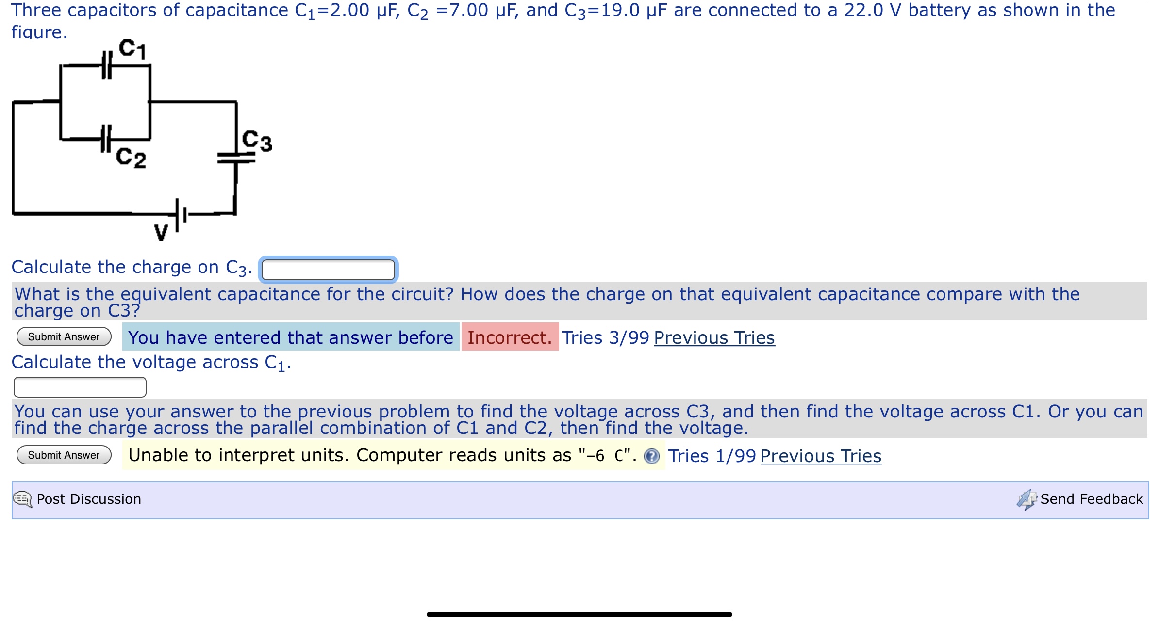 Solved Three capacitors of capacitance C1=2.00 uF, C2 =7.00 | Chegg.com