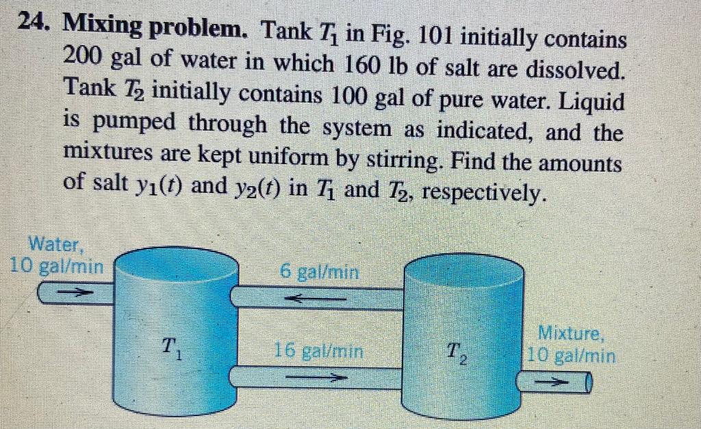 Solved 24. Mixing problem. Tank T1 in Fig. 101 initially | Chegg.com