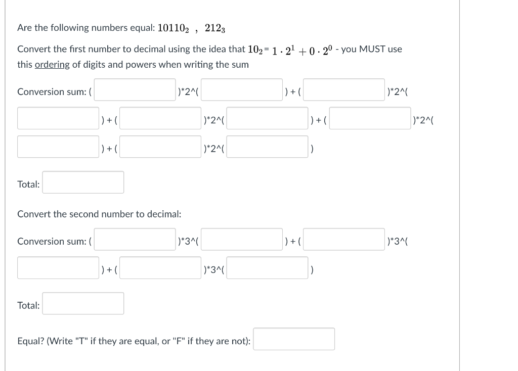 Solved Are the following numbers equal: 101102 , 2123 | Chegg.com
