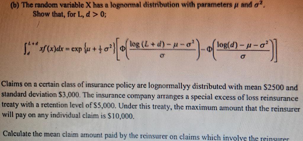 (b) The random variable X has a lognormal | Chegg.com