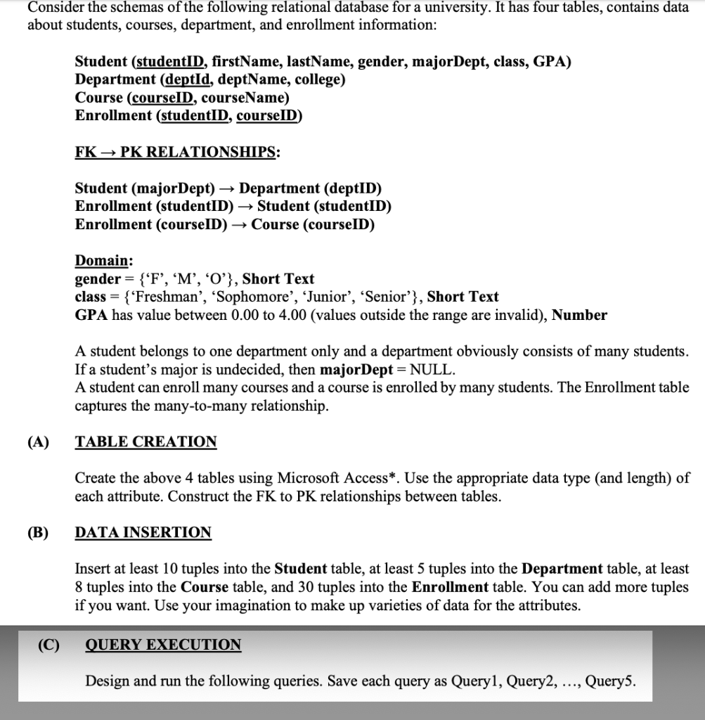 Solved Student (studentID, firstName, lastName, gender, | Chegg.com