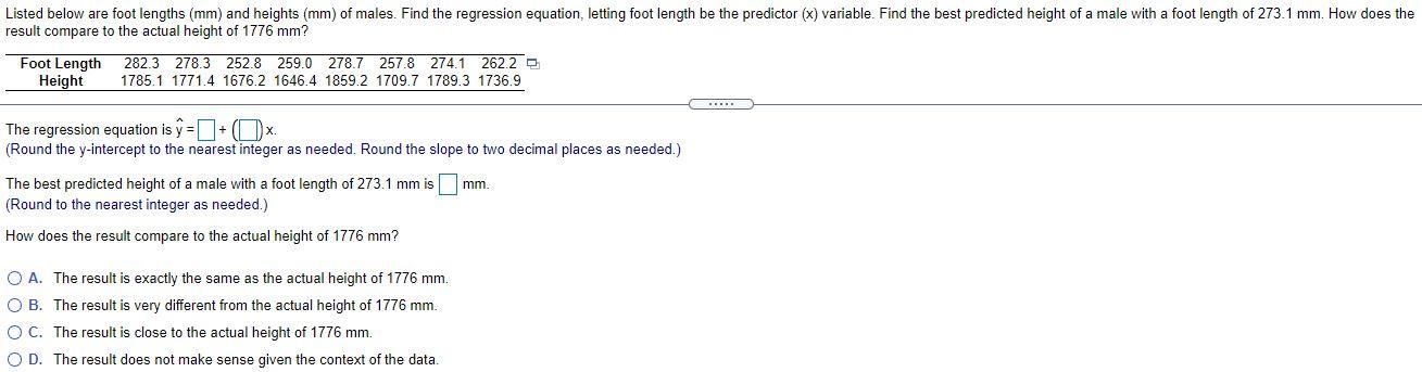 Solved Listed below are foot lengths (mm) and heights (mm) | Chegg.com
