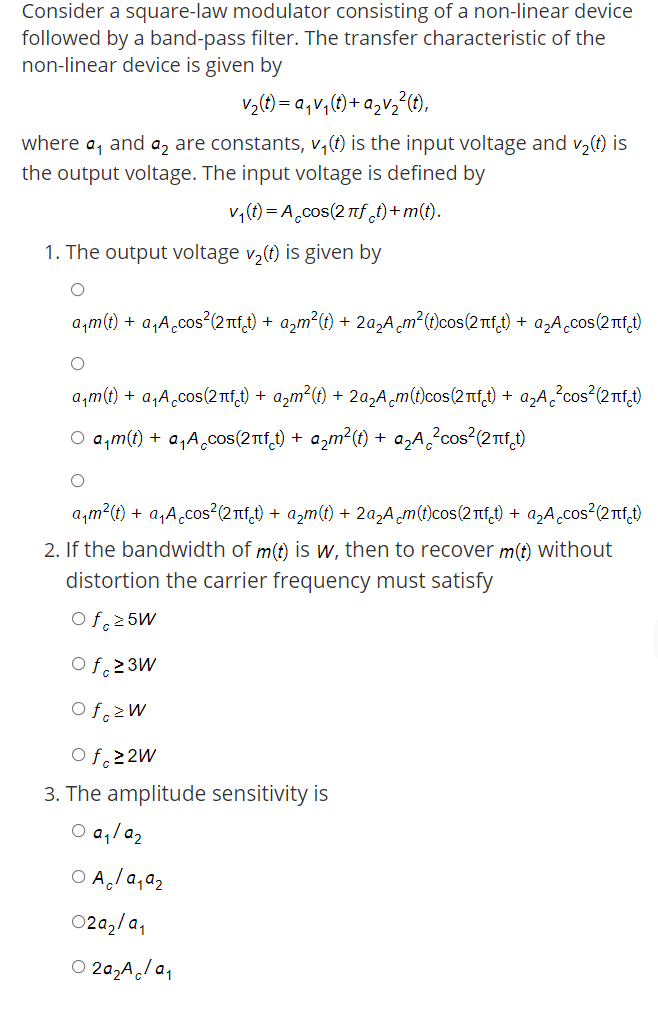 Solved Consider a square-law modulator consisting of a | Chegg.com