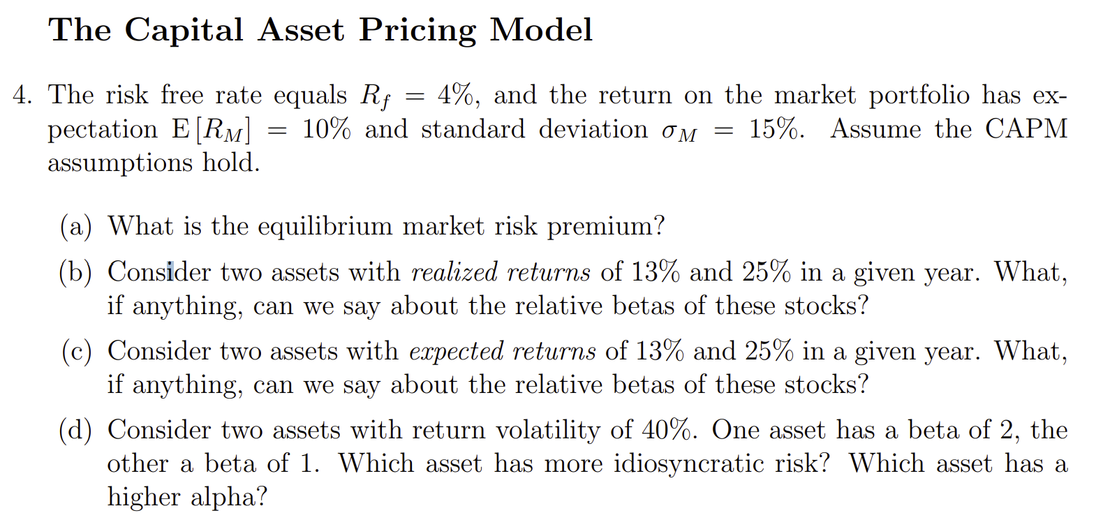 Solved The Capital Asset Pricing Model 4. The risk free rate | Chegg.com