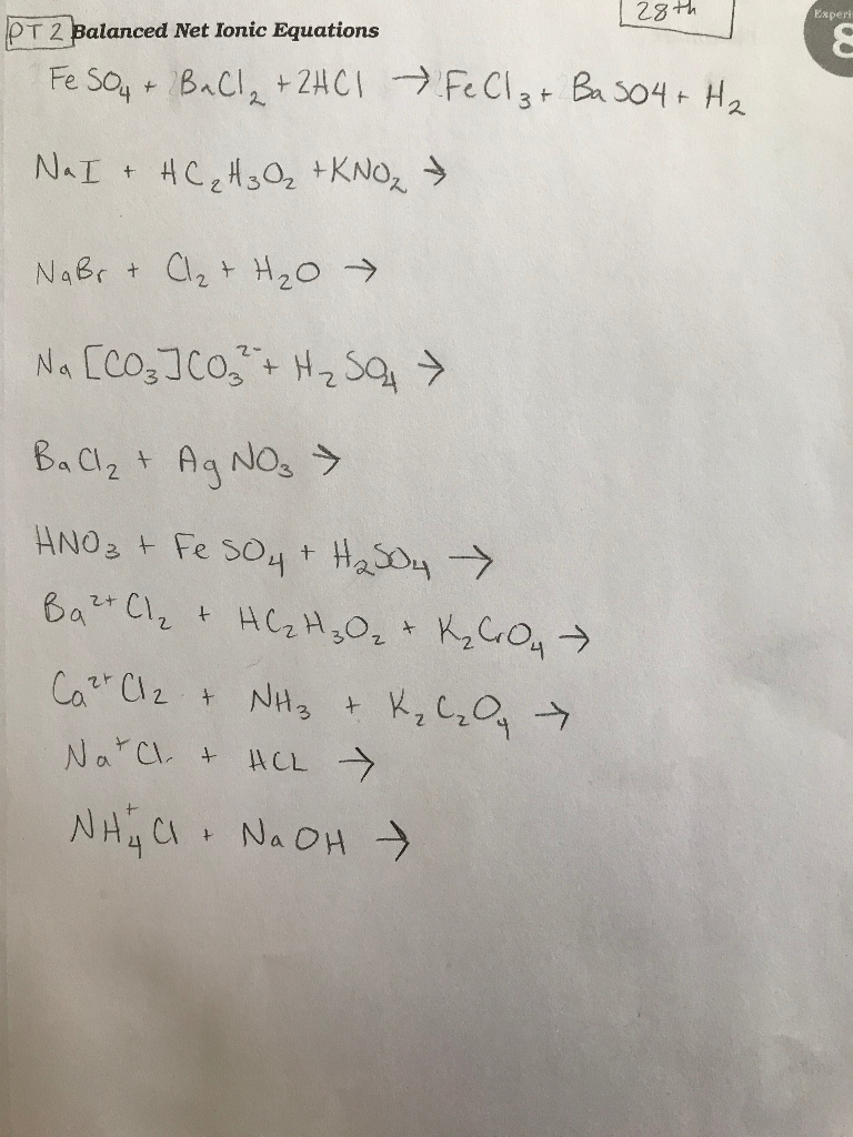 Solved 28th Experi Pt 2 Balanced Net Ionic Equations € Feso4