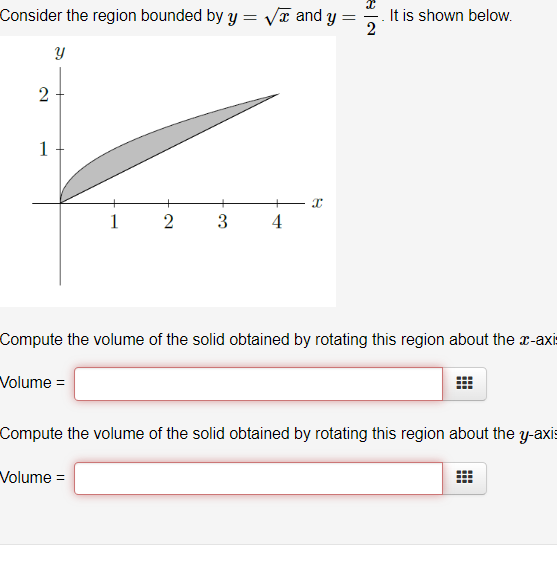 Solved Consider the region bounded by y=x and y=2x. It is | Chegg.com