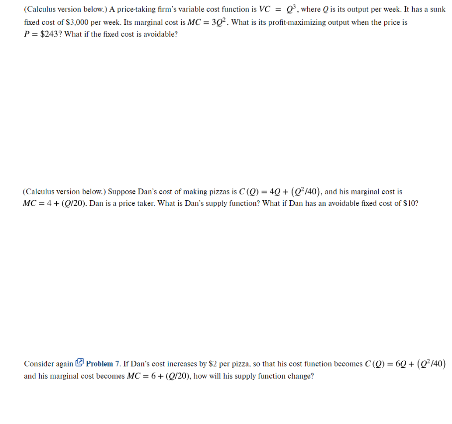 Solved (Calculus version below.) ﻿A price-taking firm's | Chegg.com