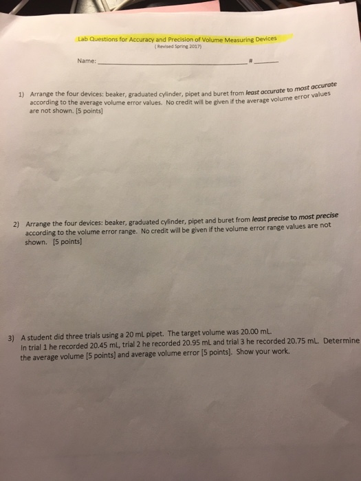Solved Lab Questions for Accuracy and Precision of Volume | Chegg.com