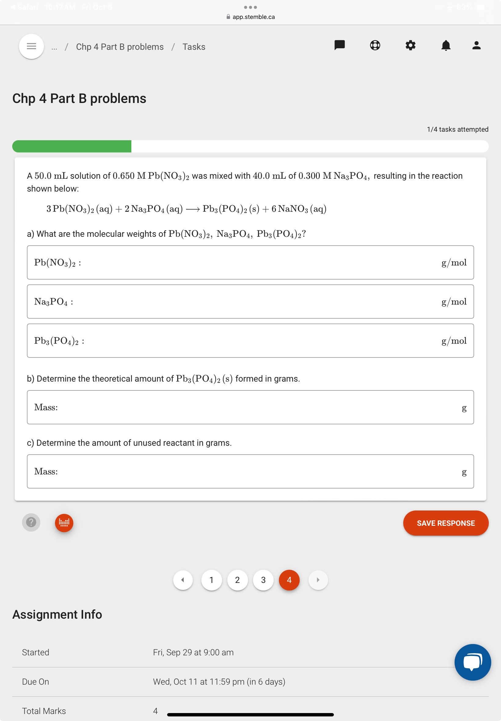 Chp 4 Part B problems 1/4 tasks atter A 50.0 mL | Chegg.com