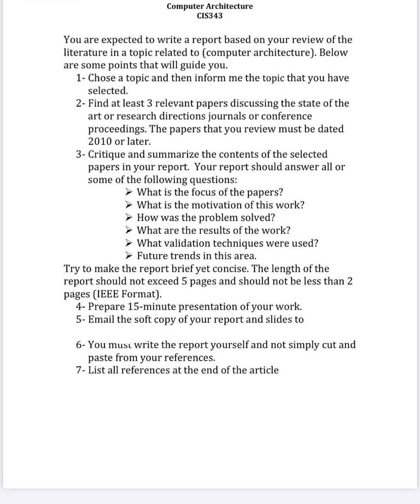Solved Computer Architecture CIS343 You are expected to | Chegg.com