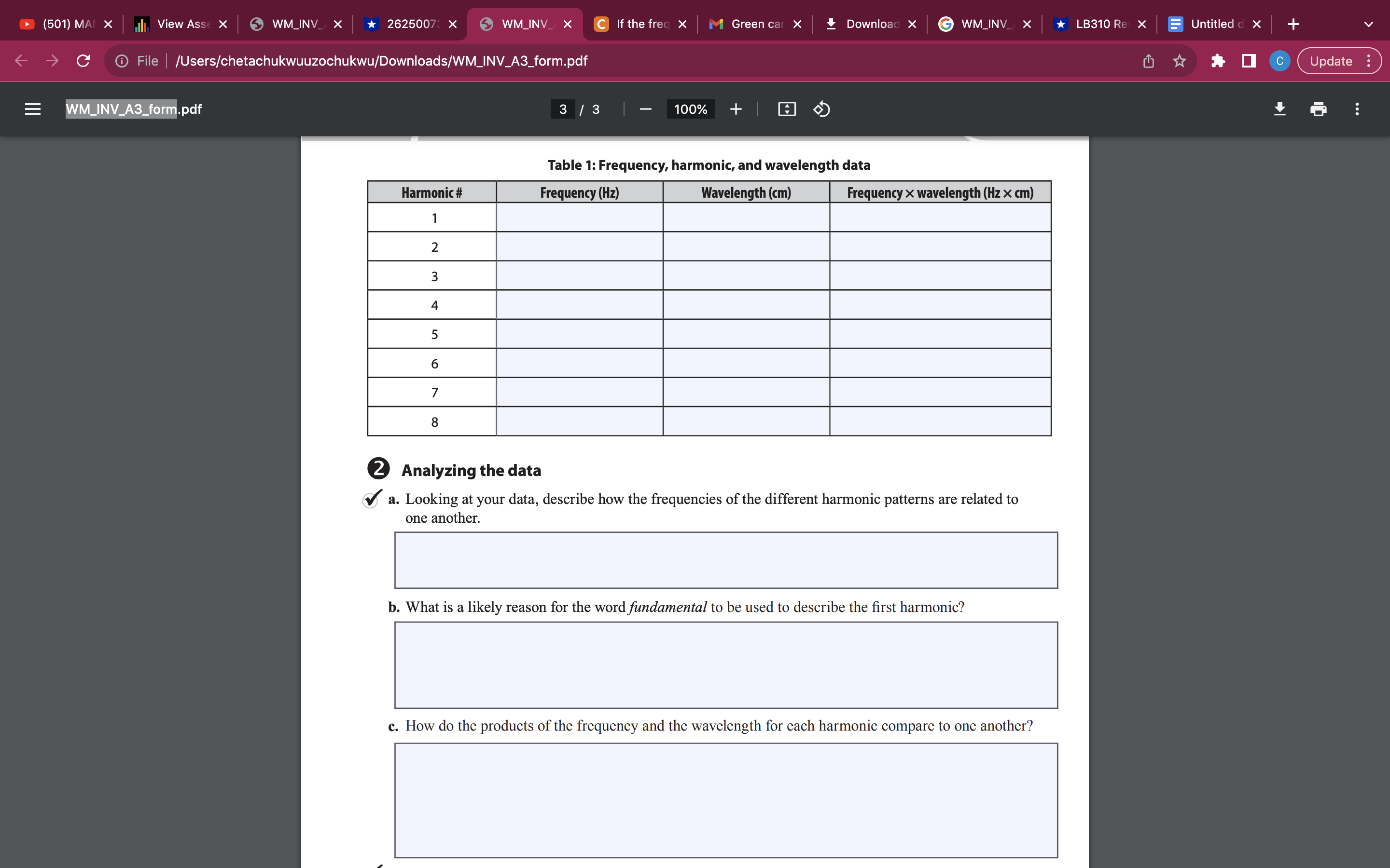 Table 1: Frequency, harmonic, and wavelength data | Chegg.com
