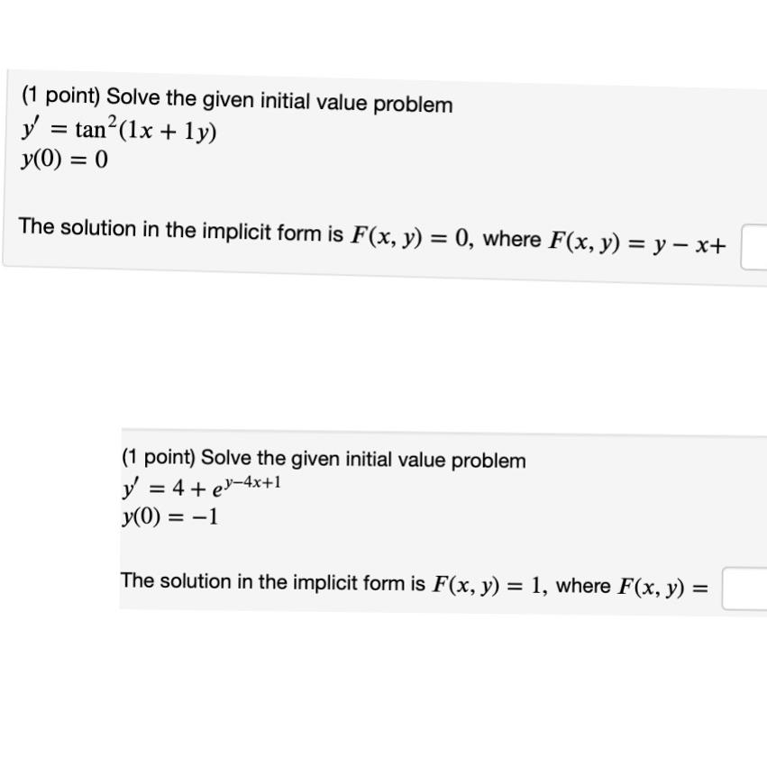 Solved (1 point) Solve the given initial value problem y = | Chegg.com